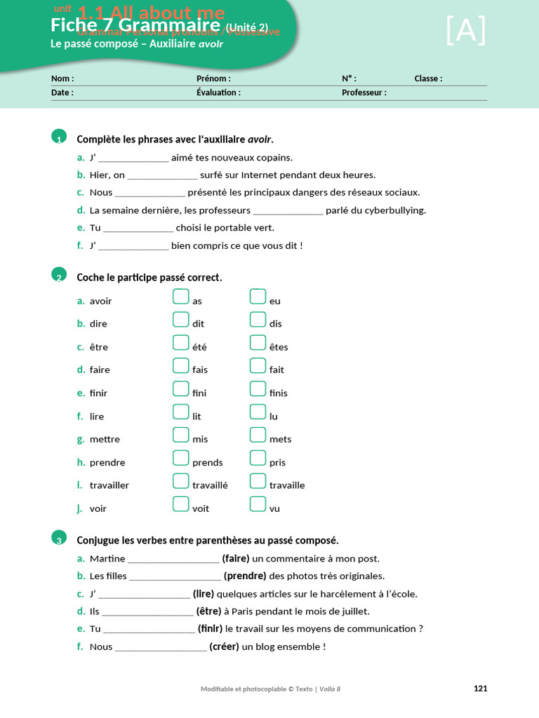 Passé Composé : Exercices avec Avoir | PDF