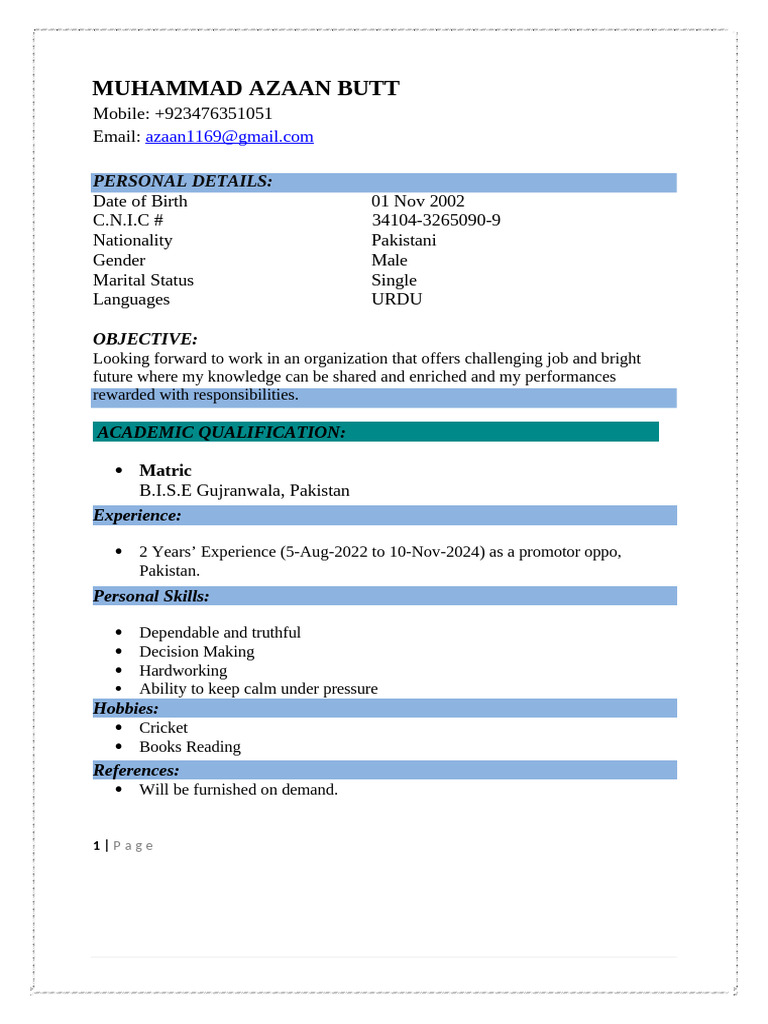 Muhammad Azaan Butt: Personal Details | PDF