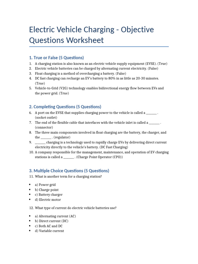 EV Charging Objective Questions | PDF | Battery Charger | Electric Vehicle