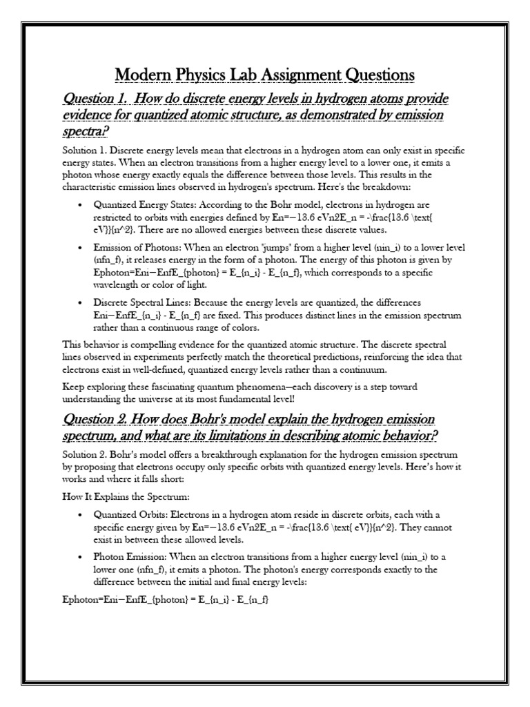 Modern Physics Lab Assignment Questions | PDF | Energy Level | Emission ...