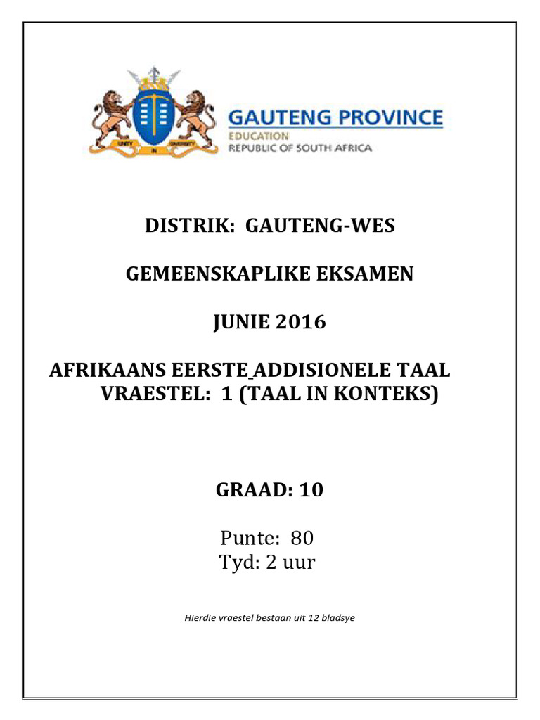 AfRIKAANS EAT GR 10 V1 Jun 16 GP - GW | PDF
