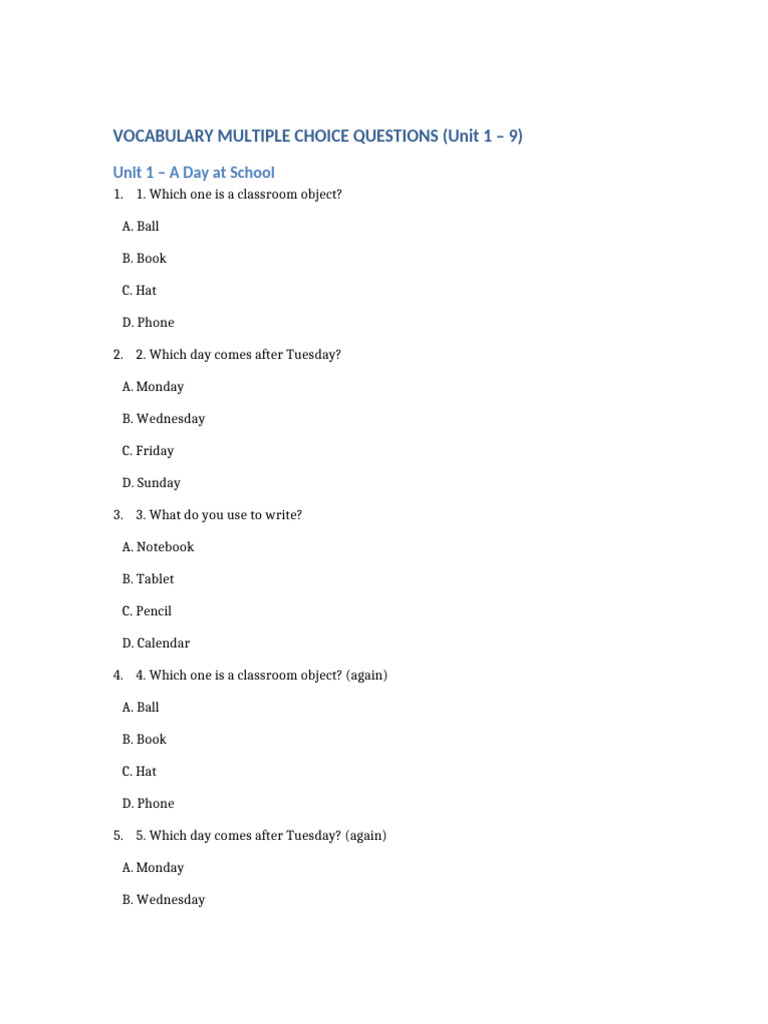 Vocabulary MCQs Unit1 To 9 Extended | PDF | Bedroom | Bathroom