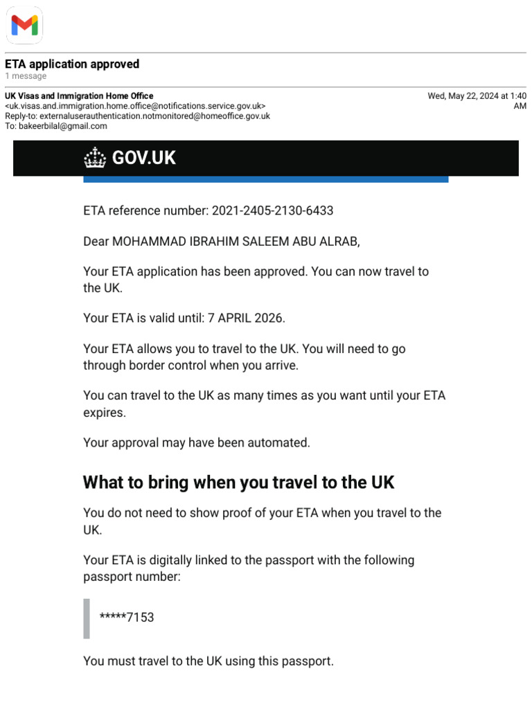 UK ETA Application Approval Notice | PDF | Travel Visa | Passport