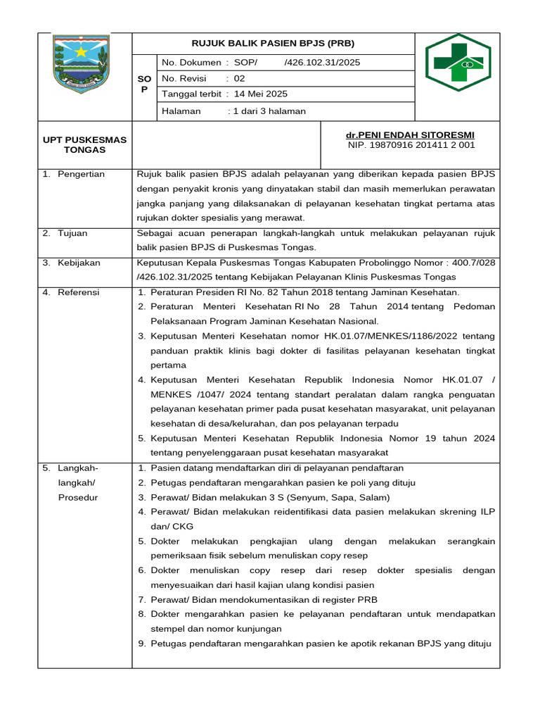 SOP RUJUK BALIK PASIEN BPJS (PRB) Fix 2025 | PDF