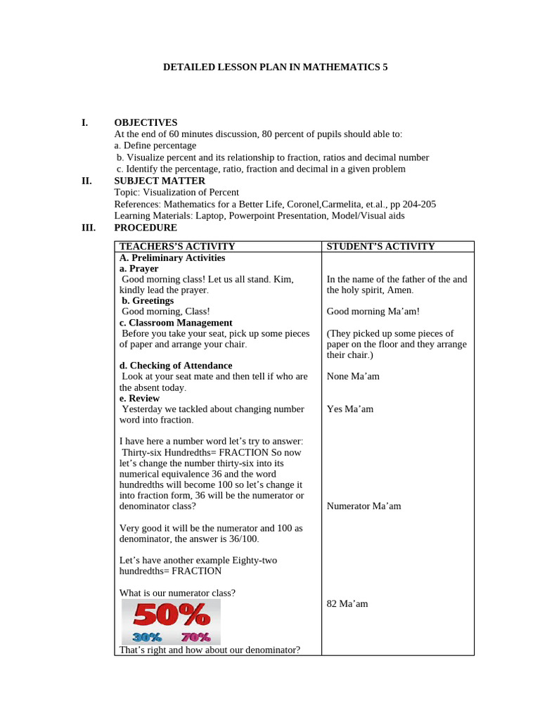 DETAILED LESSON PLAN IN MATHEMATICS 5 Percent | PDF | Percentage | Ratio