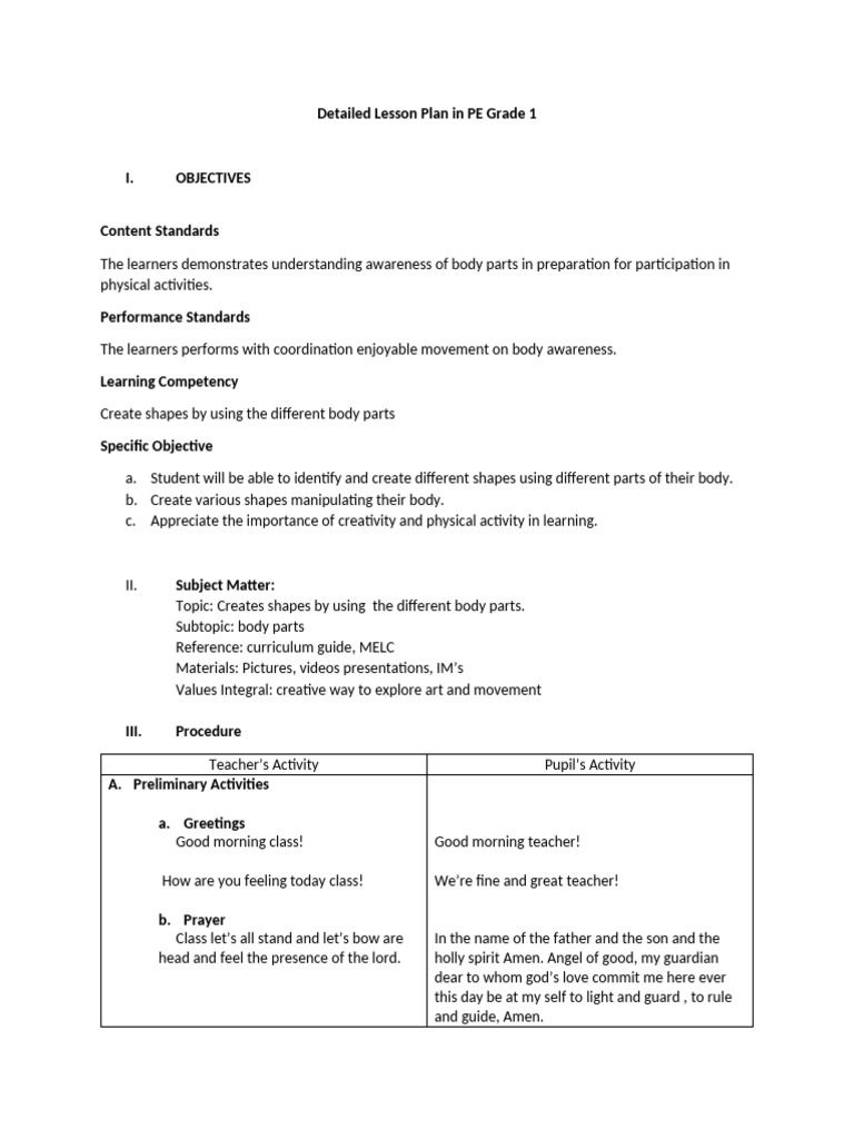 Detailed Lesson Plan in PE Grade 1 | PDF | Lesson Plan | Teachers