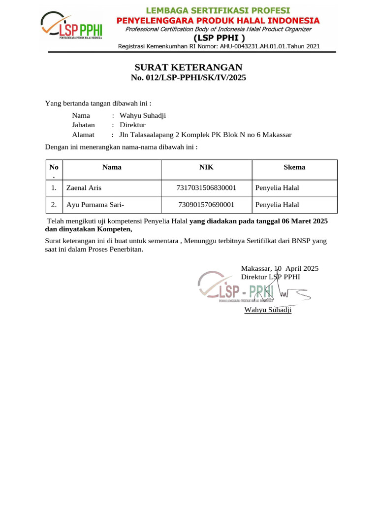Surat Keterangan LSP PPHI Rev 3 | PDF