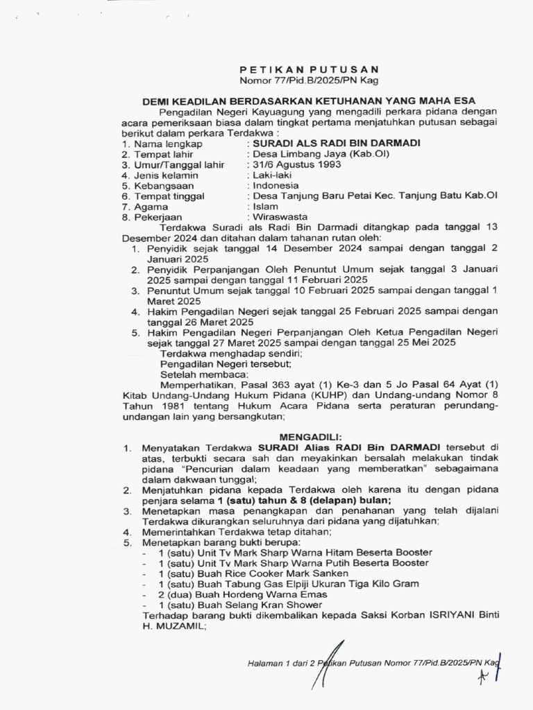Petikan Putusan An. Suradi Als Radi Bin Darmadi - 20250425 | PDF