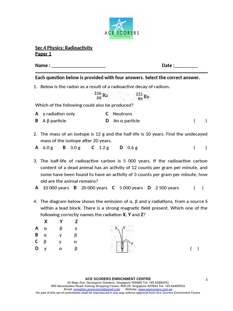 Worksheet 17.1 - Radioactivity | PDF | Radioactive Decay | Atoms