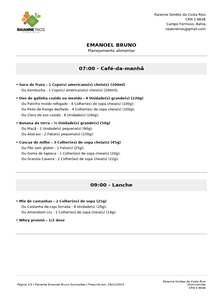 Plano Alimentar - Emanoel Bruno Guimarães | PDF | Culinária | Alimentos