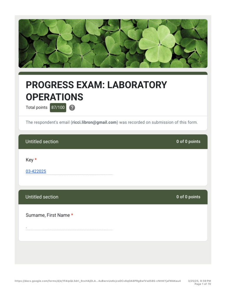 Laboratory Operations Progress Exam | PDF | Sensitivity And Specificity ...