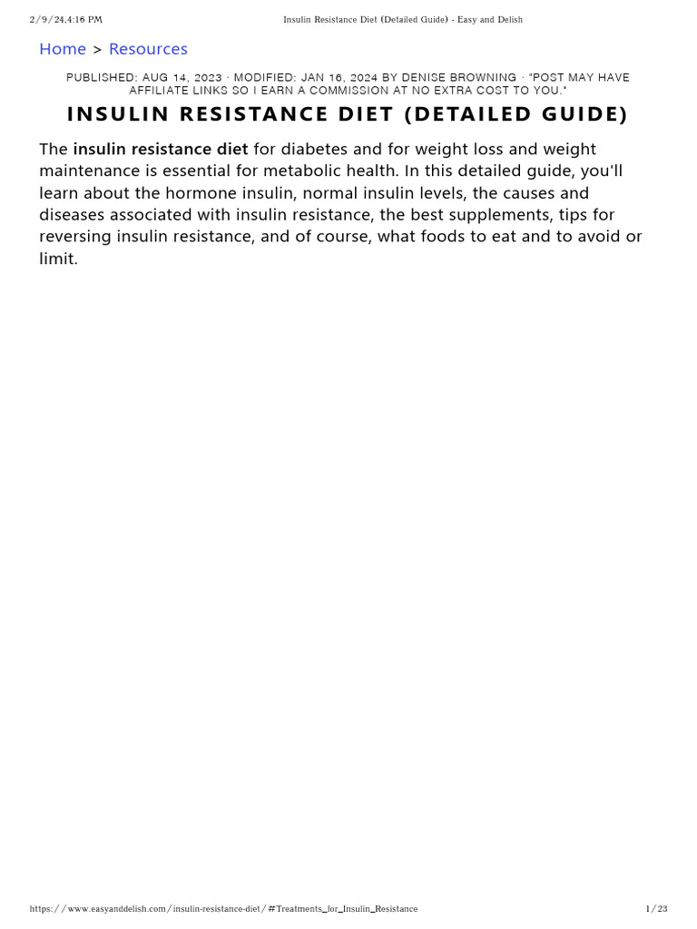 Insulin Resistance Diet (Detailed Guide) - Easy and Delish | PDF | Insulin Resistance | Insulin