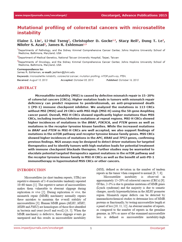 Mutational Profiling of Colorectal Cancers With Microsatellite Instability | PDF | Diseases And ...