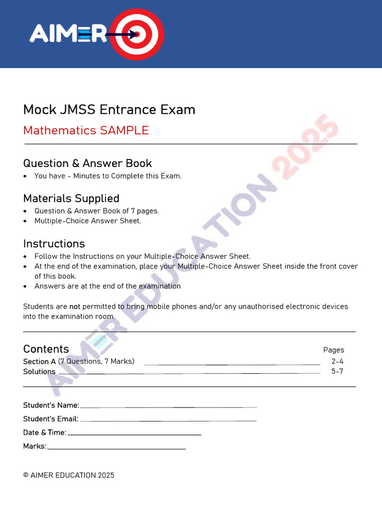 JMSS Mock Exam: Math Sample Questions | PDF | Area | Multiple Choice