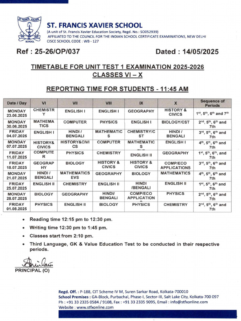 Classes Vi To X - Timetable For Unit Test 1 Examination 2025-2026 | PDF