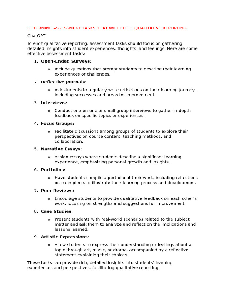 Determine Assessment Tasks That Will Elicit Qualitative Reporting | PDF