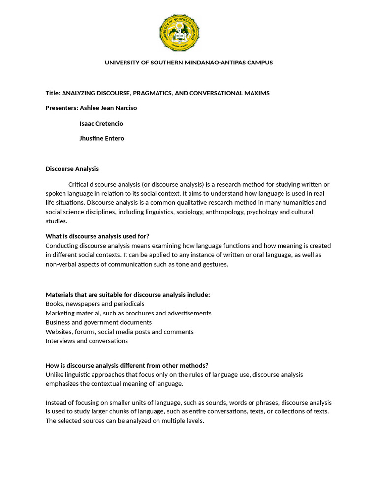 Discourse, Pragmatics and Maxims | PDF | Question | Syntax