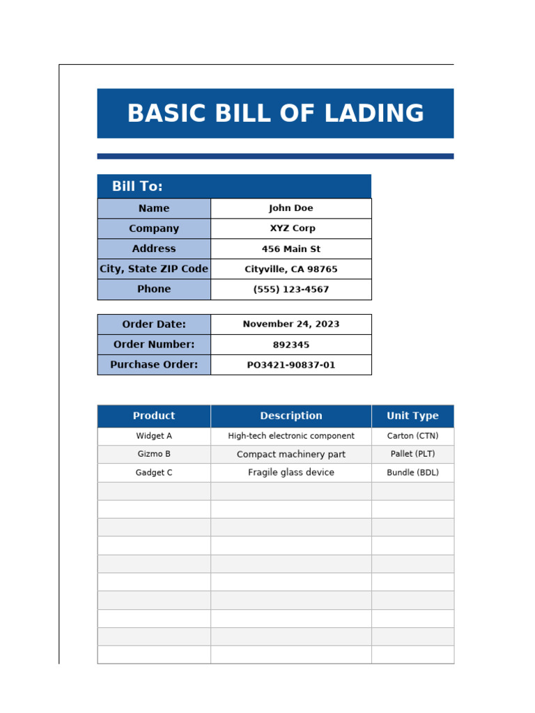 Simple Bill of Lading Template | PDF