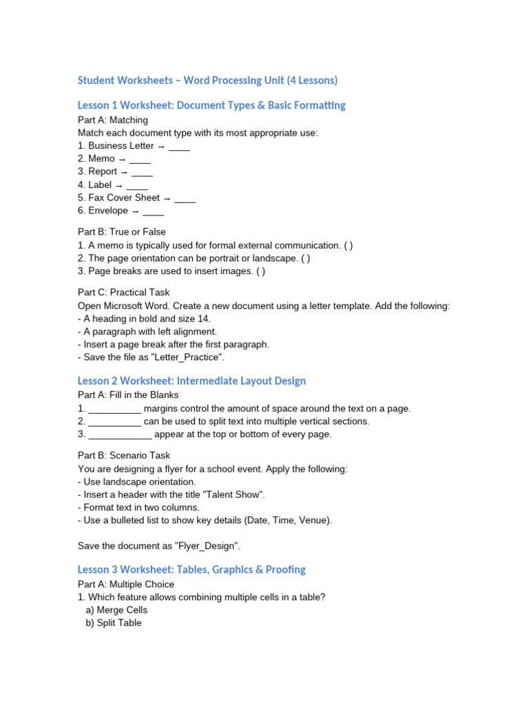 Word Processing Worksheets | PDF