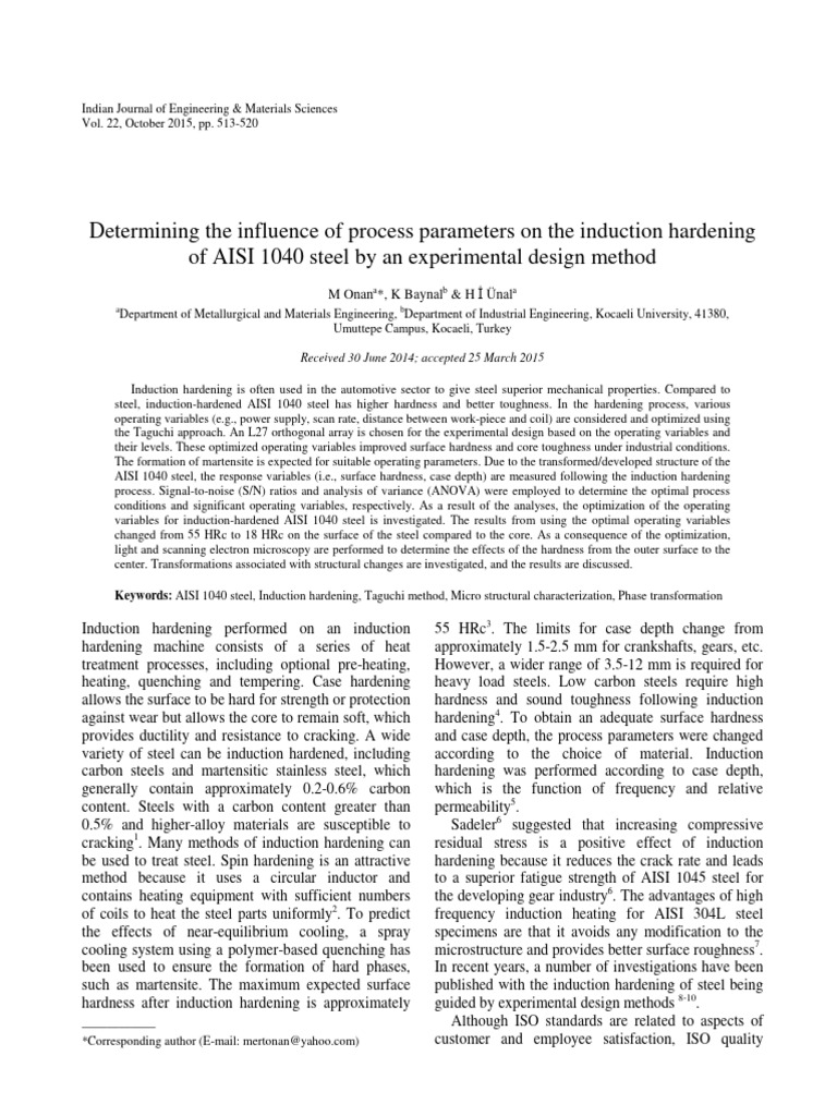 Influence of Process Paameters On Induction Hardening of AISI 1040 ...