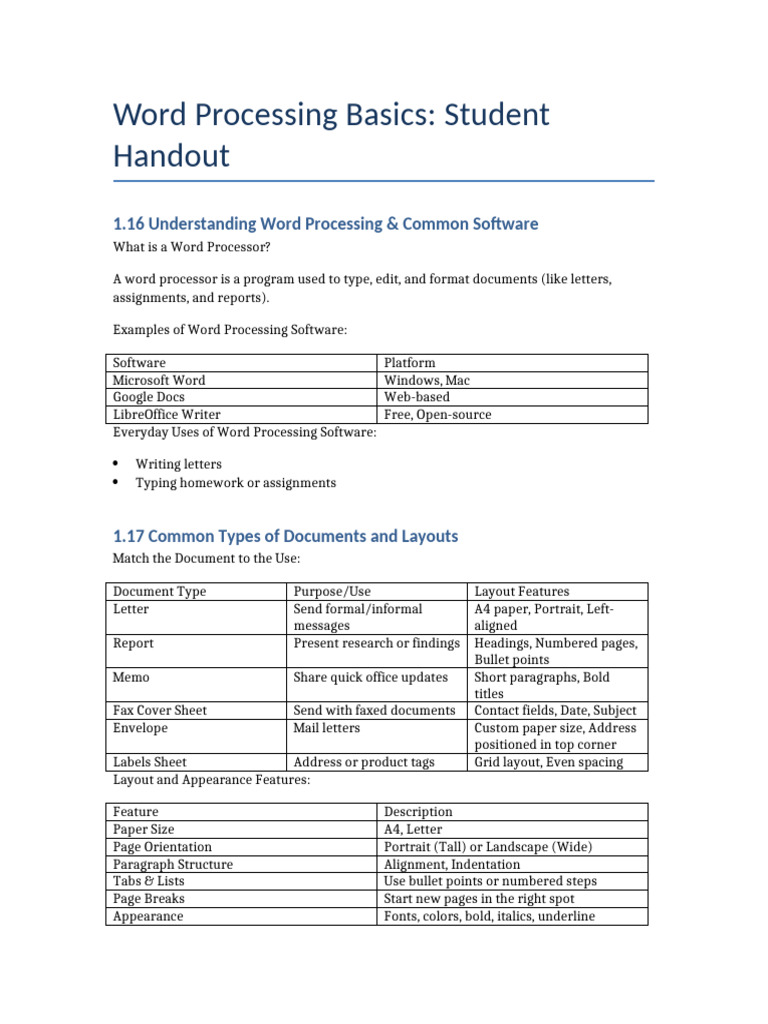 Word_Processing_Student_Handout | PDF | Microsoft Word | Graphic Design