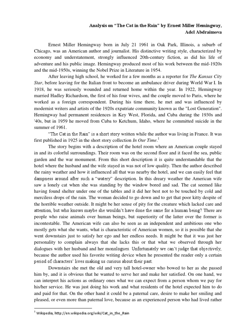 Analysis On The Cat in The Rain | PDF | Ernest Hemingway