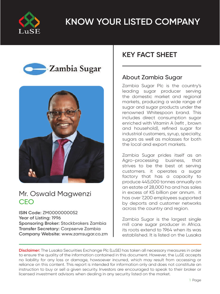 LuSE Know Your Listed Company ZSUB | PDF | Economies | Sugar