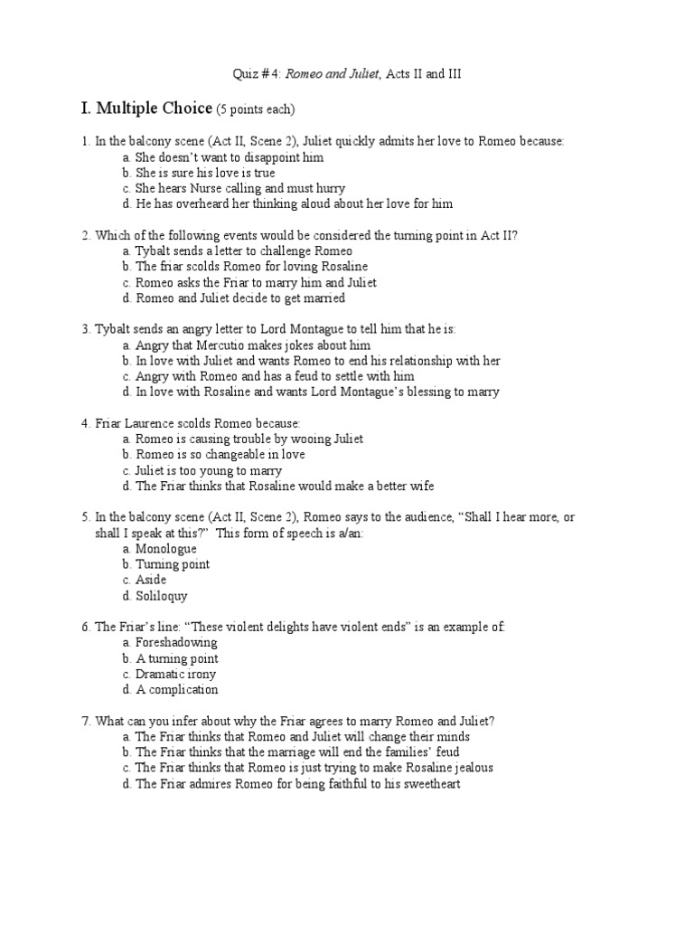 Romeo & Juliet Acts II and III Quiz | PDF | Characters In Romeo And ...