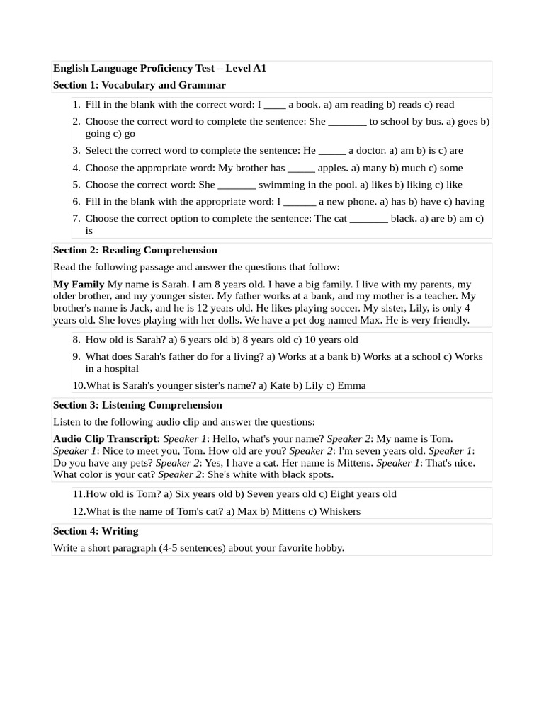 A1 English Proficiency Test Guide | PDF