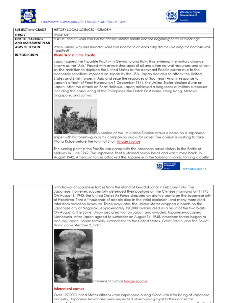 Lesson Plan Gr 9 SS History T2 W1-3 | PDF | Empire Of Japan | World War II