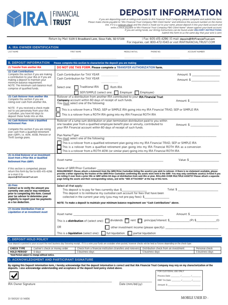 IRA Deposit Information Form | PDF | Individual Retirement Account | 401(K)