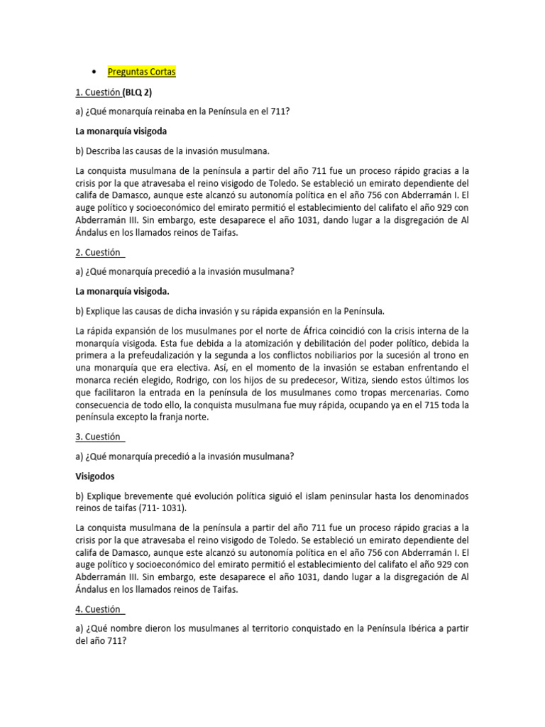 Preguntas Crts (BLQ 2) | PDF | Al Andalus | Edades medias