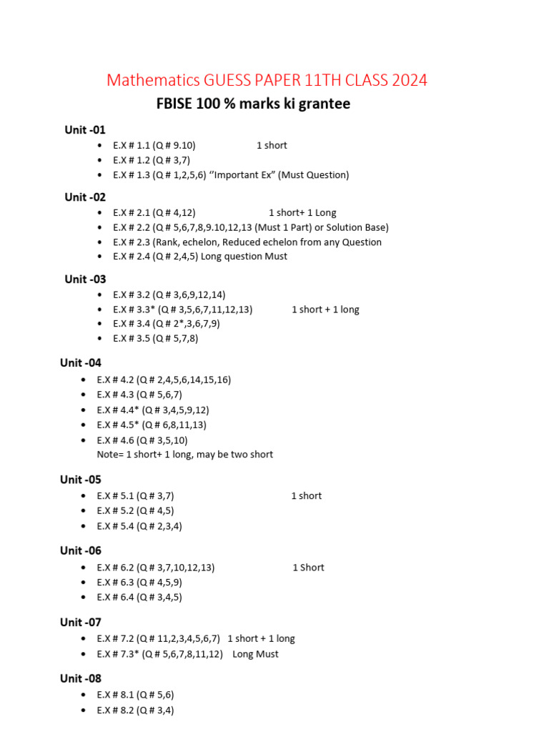 11th Class Math Guess Paper 2024 | PDF
