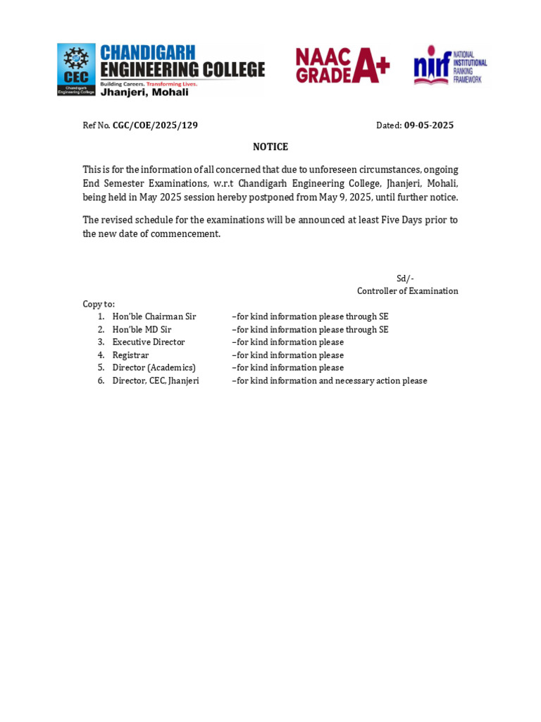 Notice For Postpone of Exmaination May 2025 | PDF