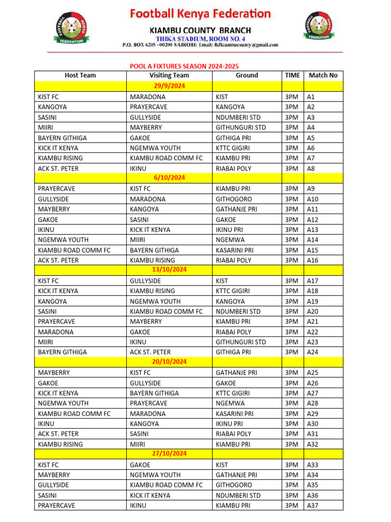 Pool A Fixtures Season 2024-2025 | PDF