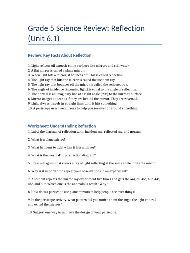 G5 - Reflection - Review - and - Worksheet 6.1 | PDF