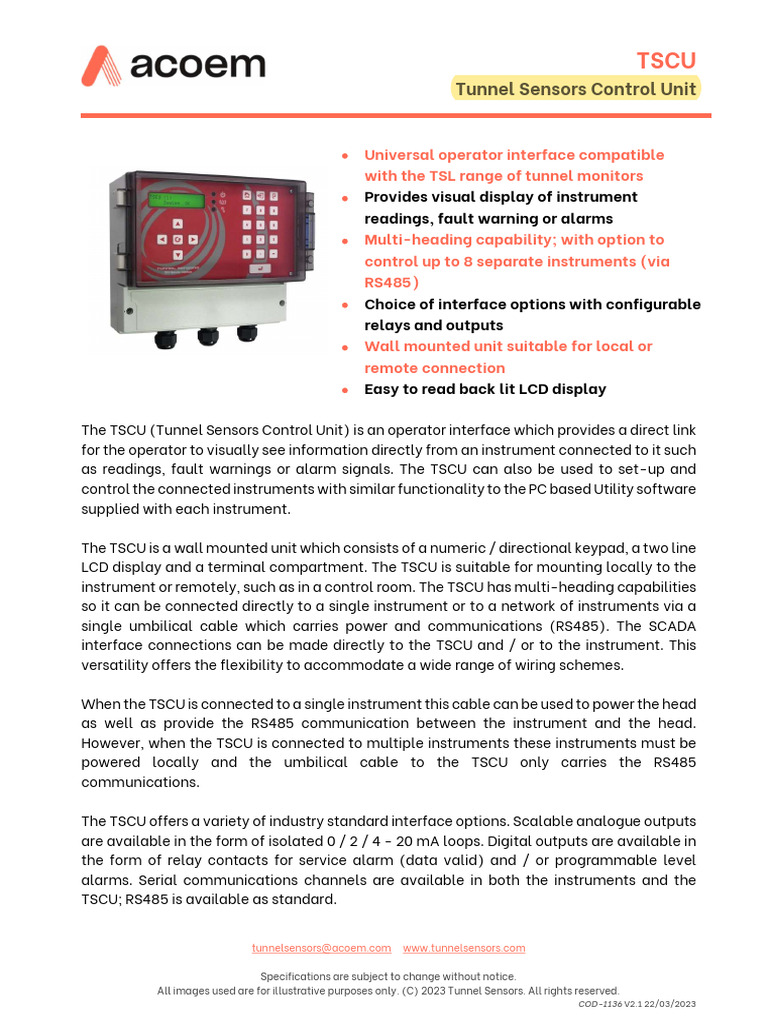 ACOEM Tunnel Sensors TSCU Data Sheet V21 | PDF | Relay | Computer Monitor