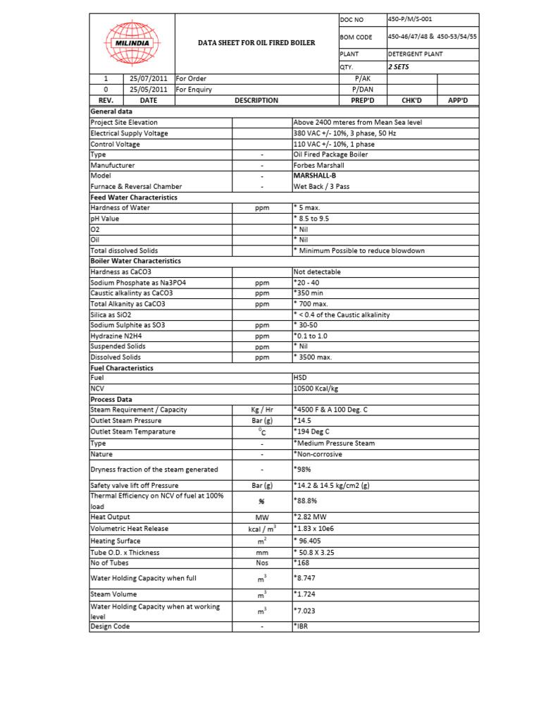 Forbes Marshall Oil Fired Boiler Data Sheet | PDF | Alternating Current ...