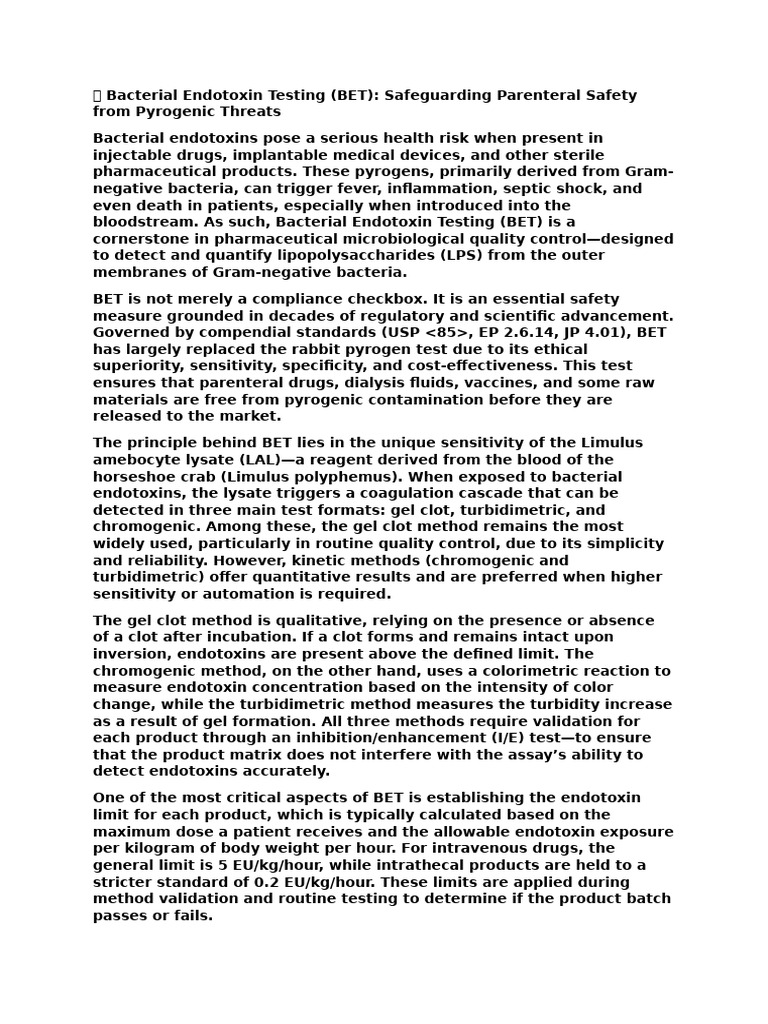 Bacterial Endotoxin Testing (BET) | PDF | Lipopolysaccharide | Medical ...