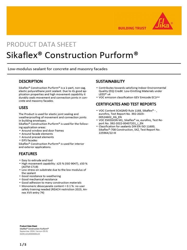 Sikaflex® Construction Purform® Sealant | PDF | Concrete | Paint