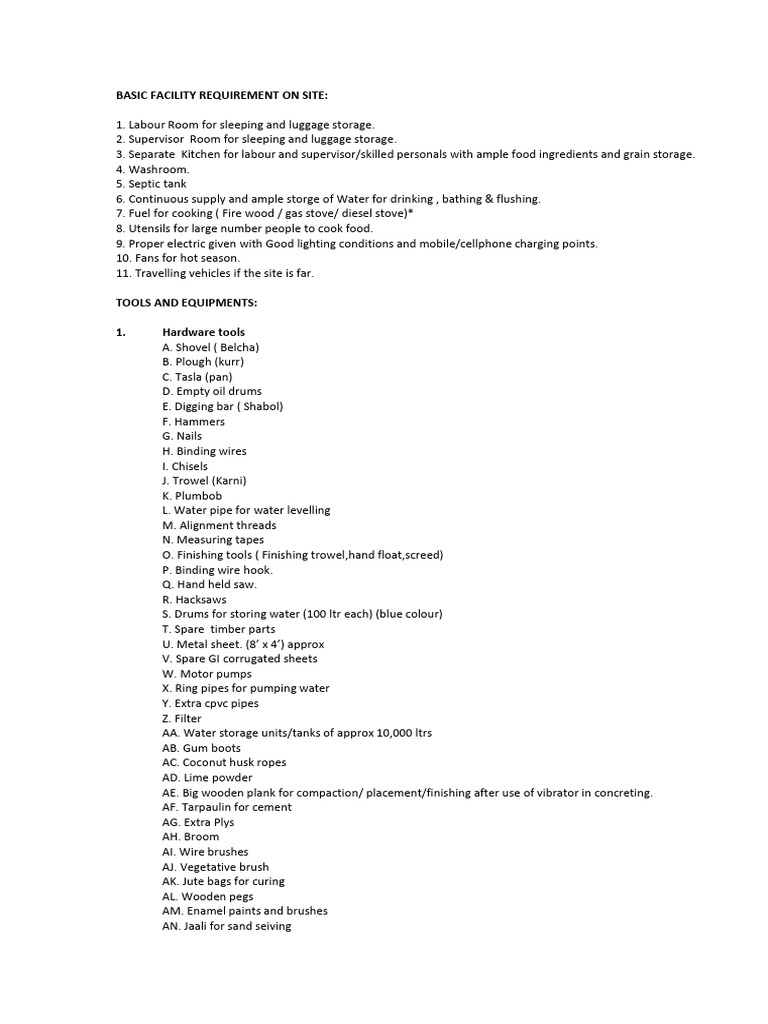 Essential Site Facility and Equipment List | PDF