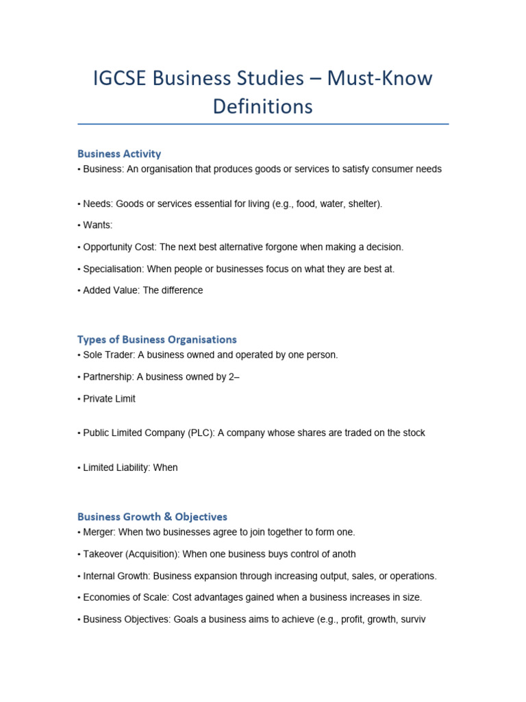 IGCSE Business Studies Key Definitions | PDF | Business | Mergers And ...