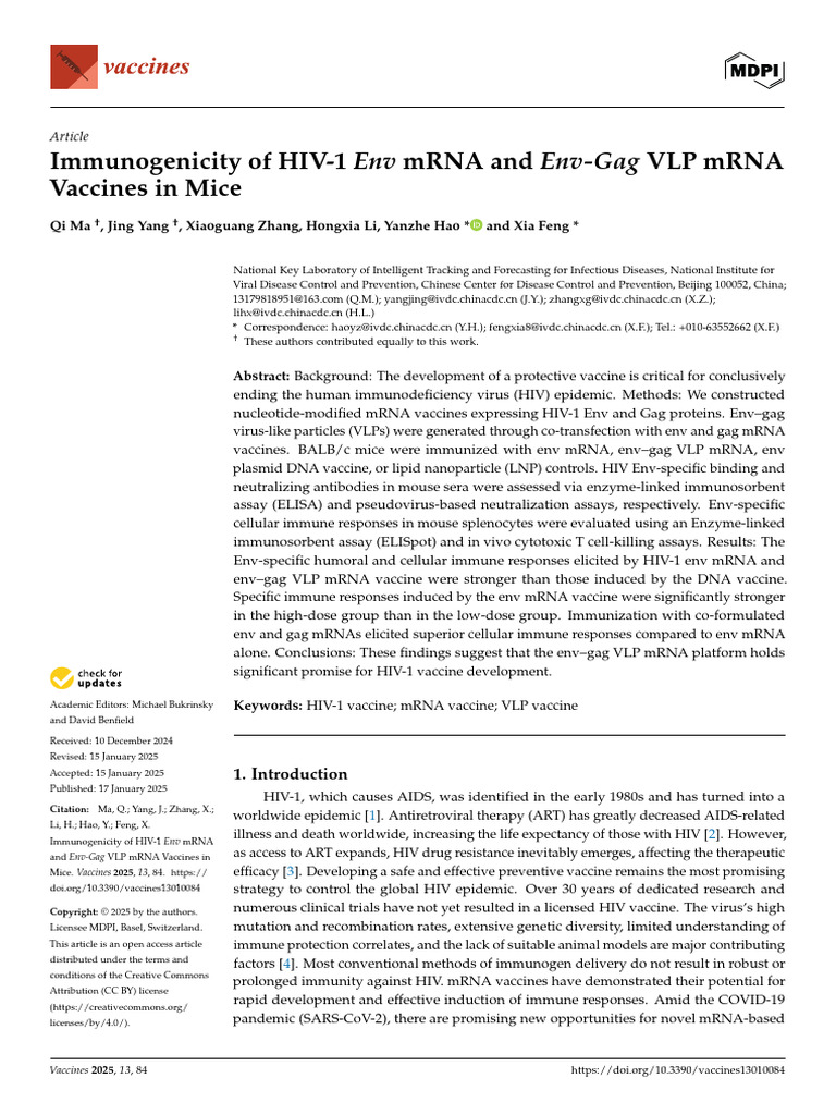 Immunogenicity of HIV-1 Env mRNA and Env-Gag VLP M | PDF | Hiv | Vaccines