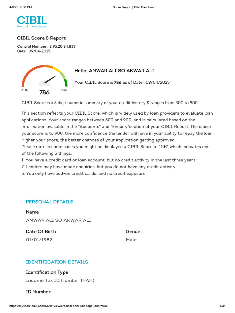 CIBIL Score Report for Anwar Ali | PDF | Finance & Money Management ...
