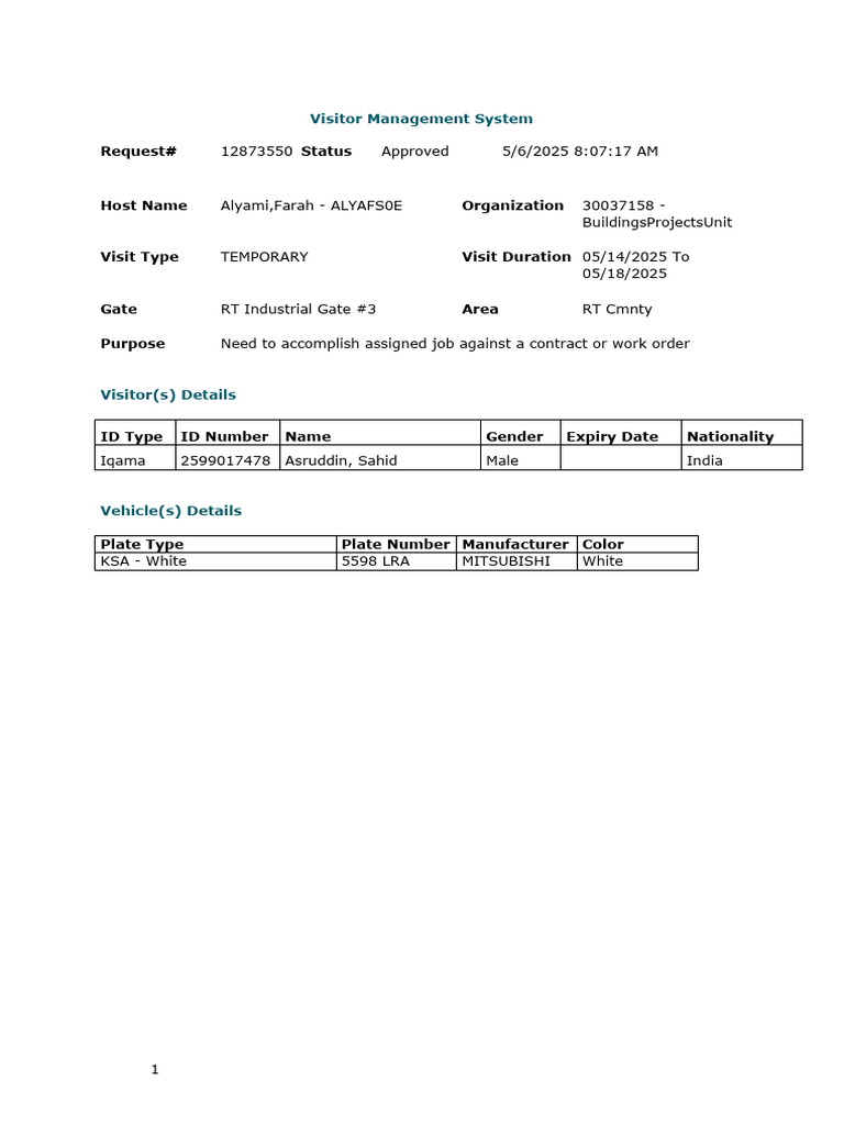 Request# Status: Visitor Management System | PDF