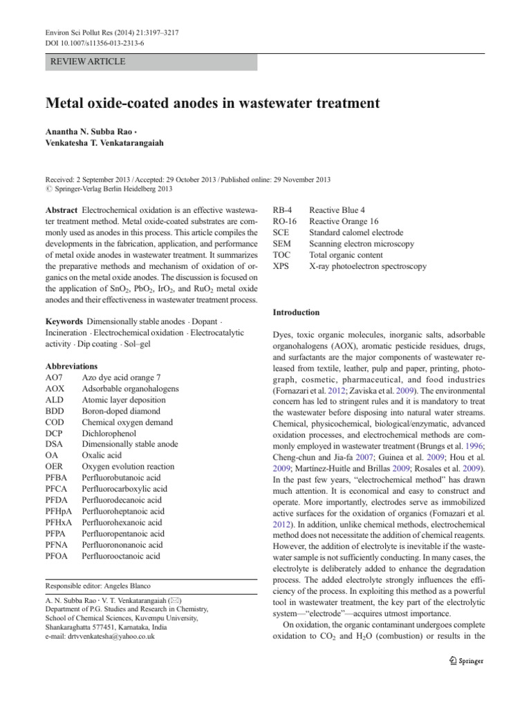 Metal Oxide Anodes for Wastewater Treatment | PDF | Electrochemistry ...