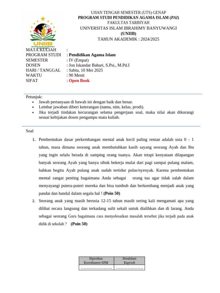 Soal UTS Prodi PAI Mata Kuliah Psikologi Perkembangan | PDF