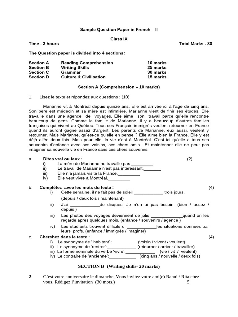 Examen de Français - Classe IX | PDF