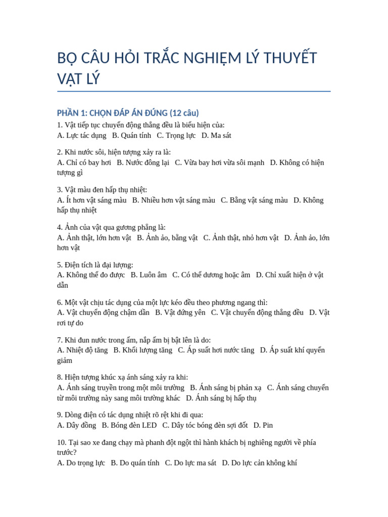 Bo Cau Hoi Trac Nghiem Vat Ly | PDF