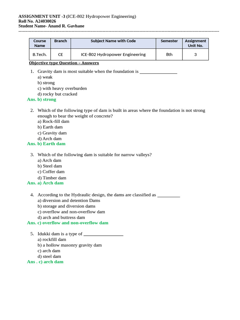 Assignment No 3 - ICE-802 Hydropower Engineering | PDF | Dam | Reservoir